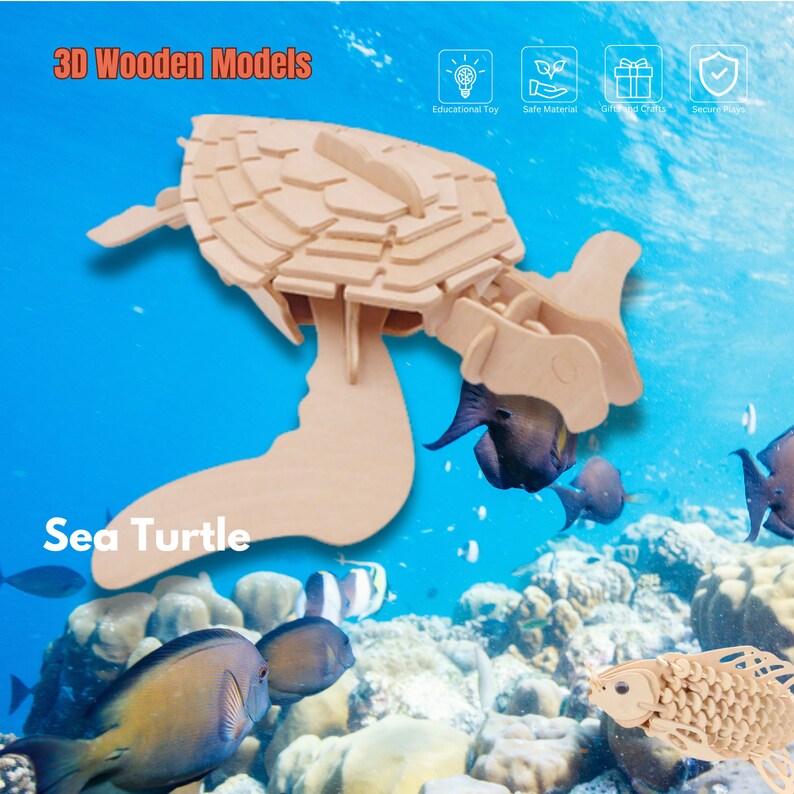 3D Wooden Ocean Animal Puzzle - Sea Turtle, Lobster, Tropical Fish，diy ...