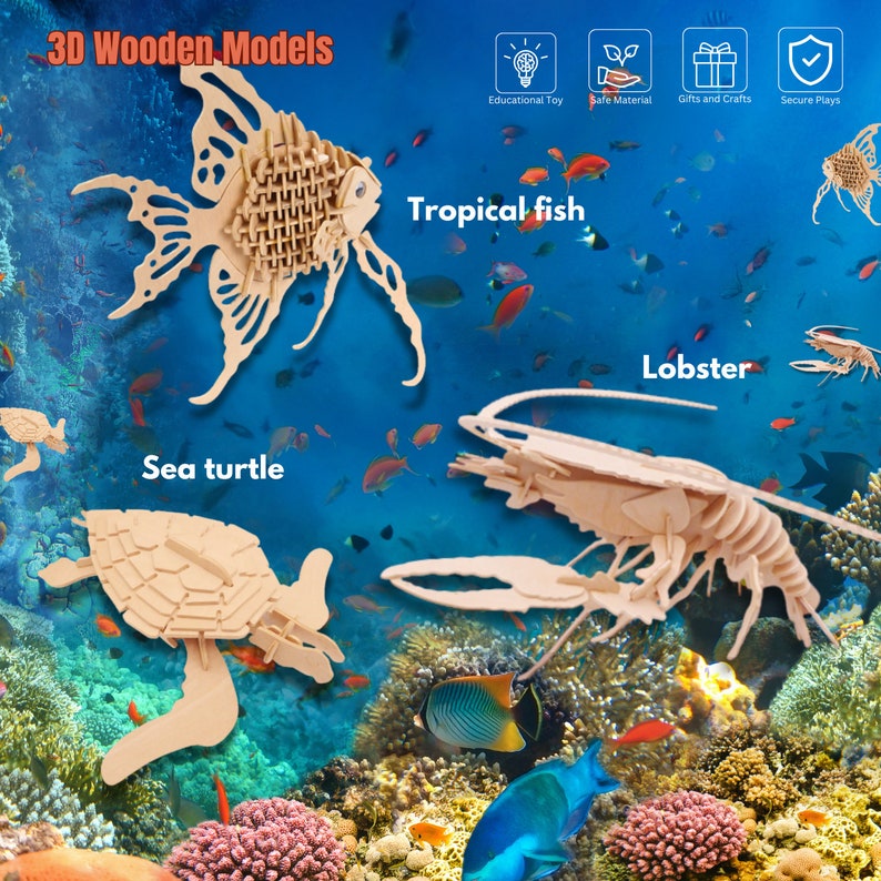 3D Wooden Ocean Animal Puzzle - Sea Turtle, Lobster, Tropical Fish，diy ...