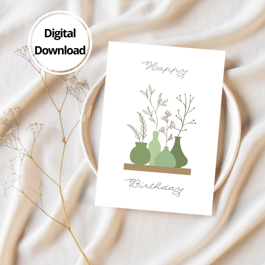 Printable happy Birthday Boho Greeting Card, Abstract Boho Vases, 7 X 5 ...