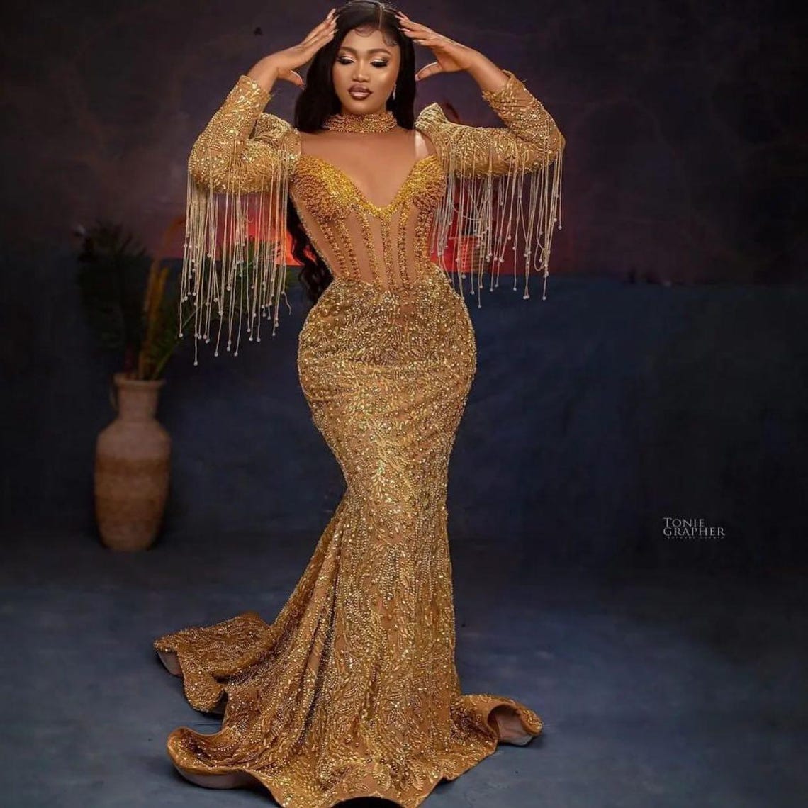 African Asoebi Prom Dress: Beaded Evening Gown, Red Carpet Style - Etsy