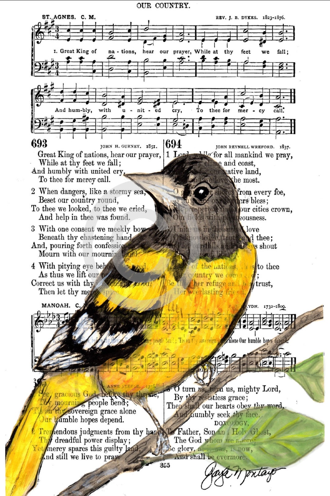 BALTIMORE ORIOLE Spiritual Song Page Print© Our Country 4x6, 5x7, or ...