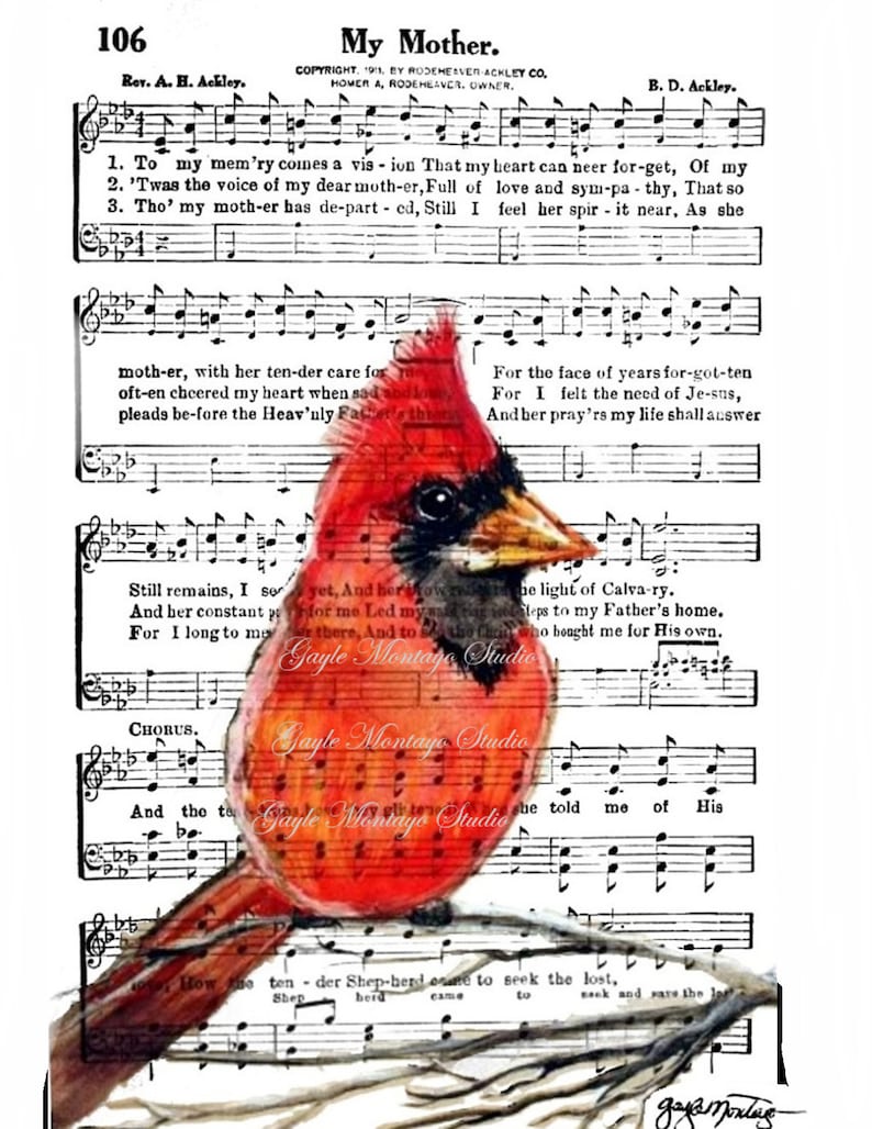 MY MOTHER ©red Cardinal Bird Lovely Art Print Religious Hymn 4x6, 5x7 ...