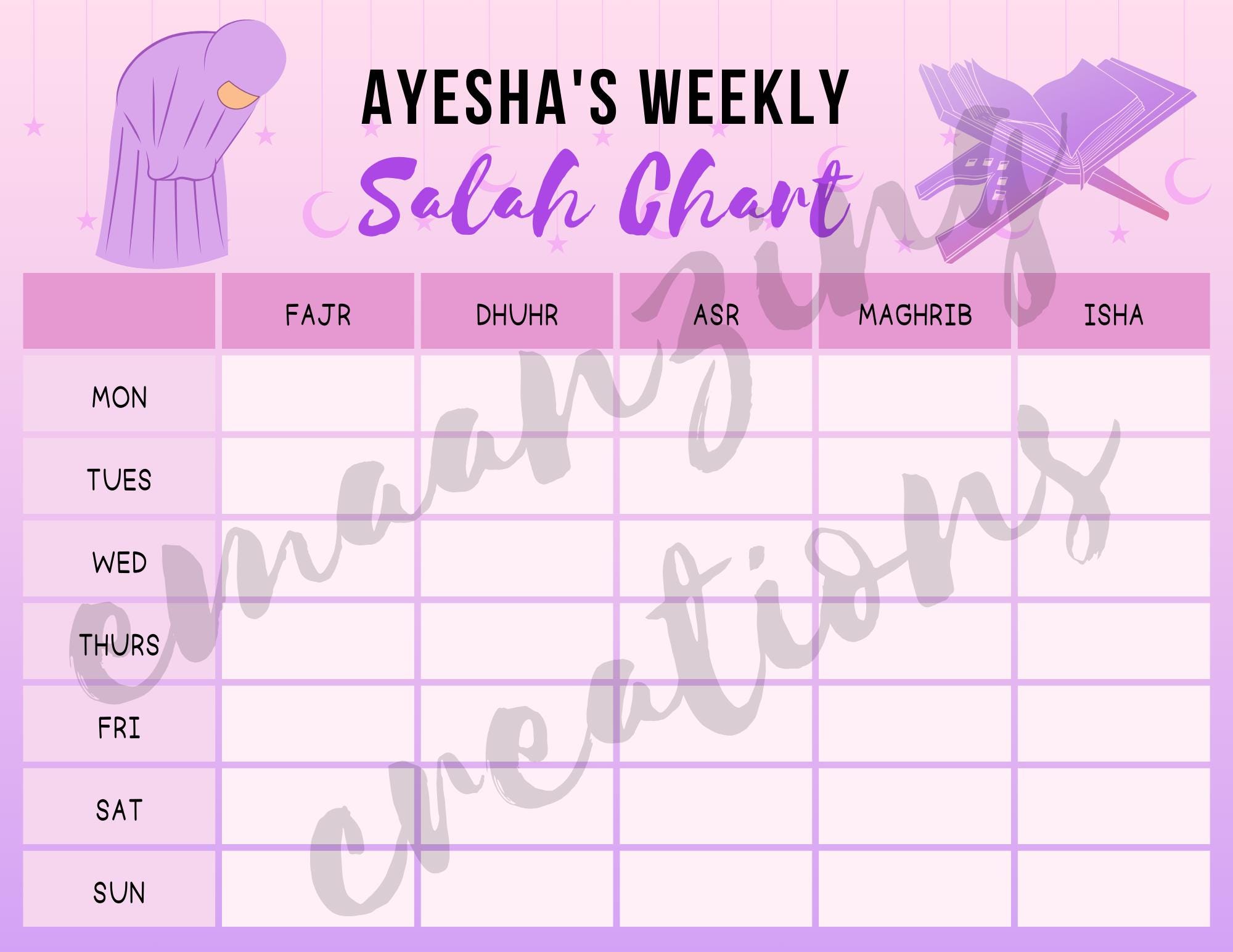 Personalised Salah Namaz Chart for Girls, Digital Template - Etsy