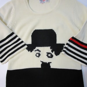 S 70s Charlie Chaplin Knit Pullover Sweater Pronto Collectible Acrylic Beige Black - Etsy