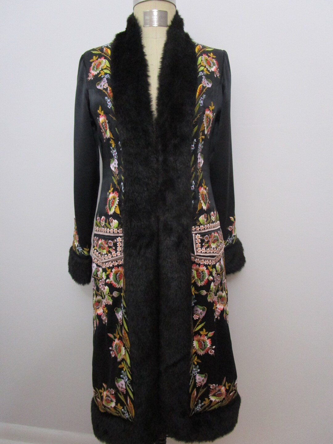 Sz4 Sue Wong Embroidered Silk Duster Coat Faux Fur Floral - Etsy