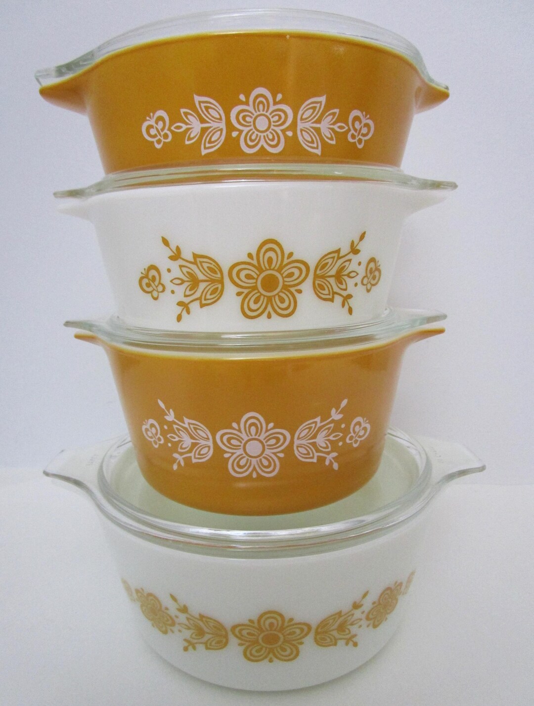 4 Pyrex Butterfly Gold Casseroles Lids 471 472 473 474 USA Vintage 70s ...