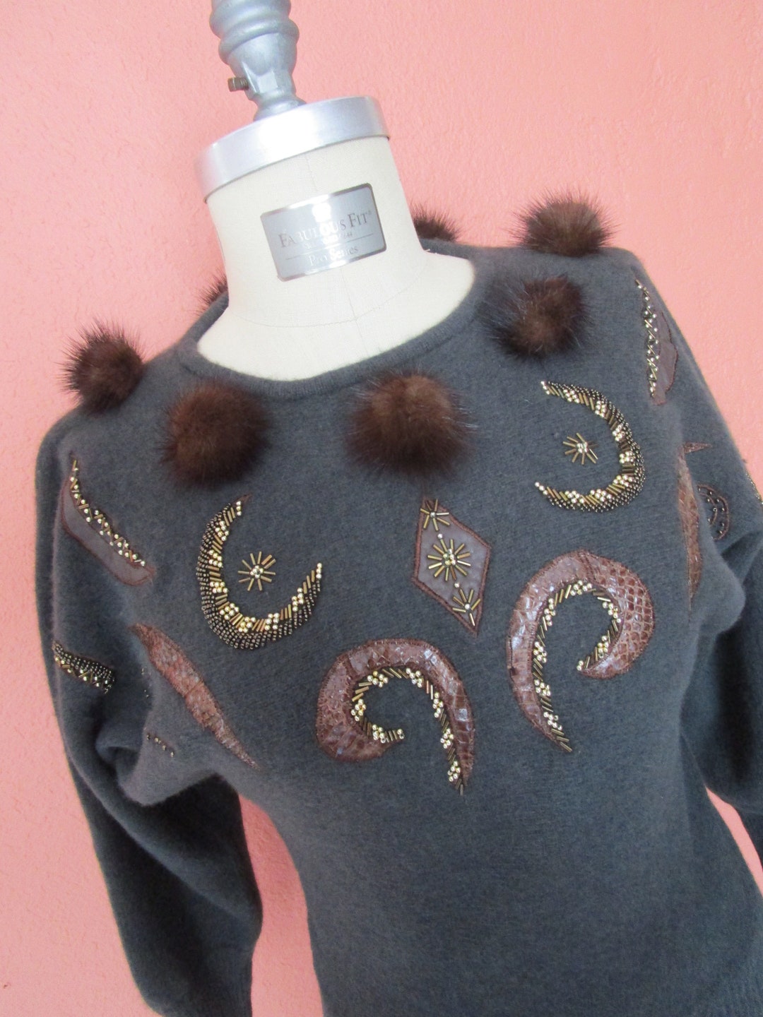 S 80s Diva Rabbit Fur Balls Snake Angora Wool Pullover Sweater Leather ...