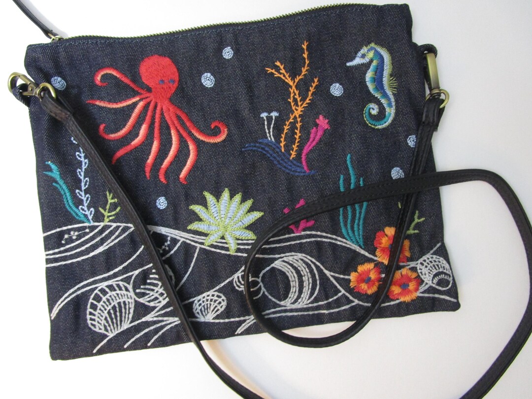 Johnny Was Embroidery Crossbody Aquatic Purse Bag Boho Fish Coral Reef ...