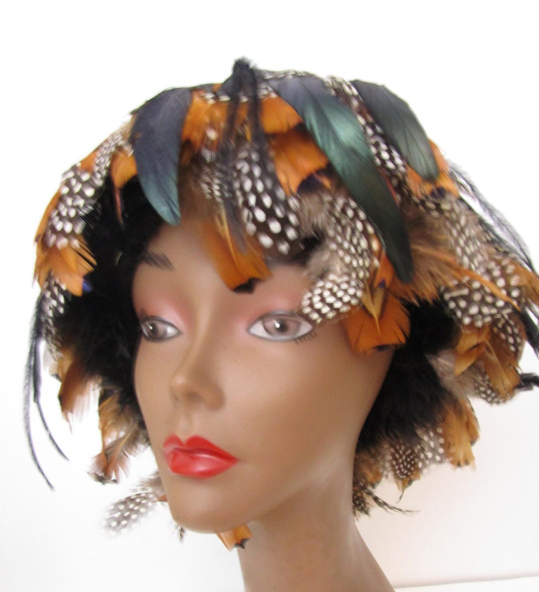 Exploding Feathers Don Anderson Cloche Wig Hat Multi Brown Black Dotted ...