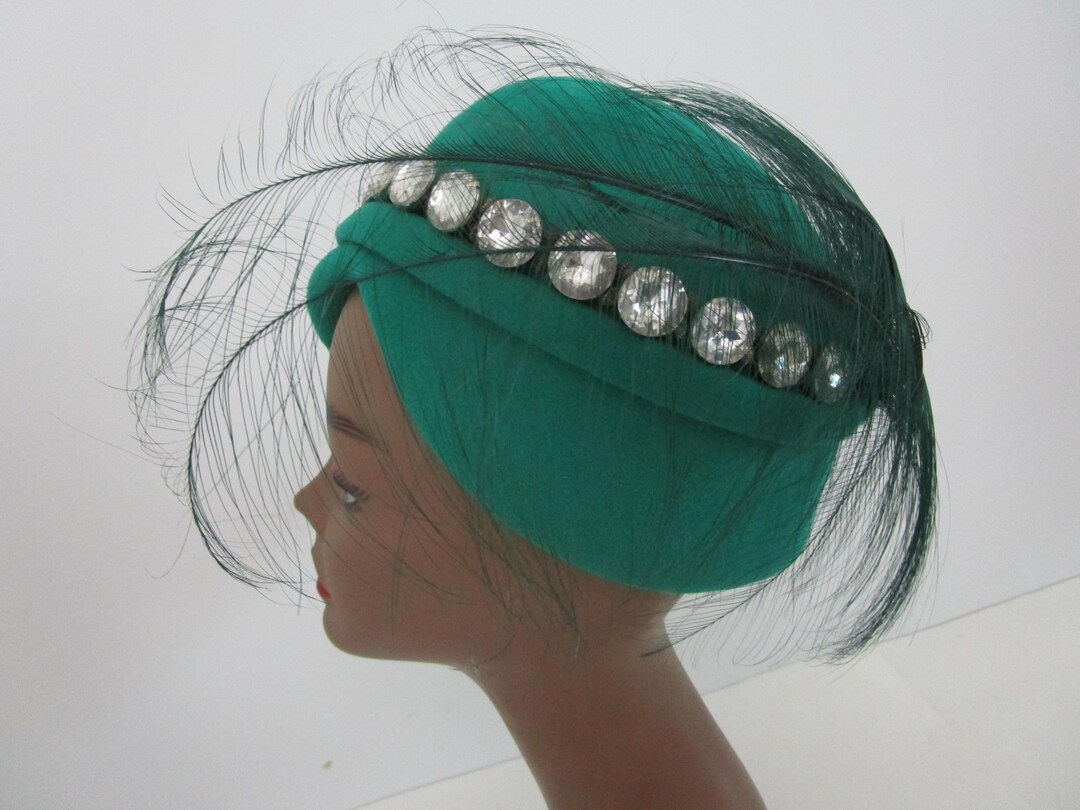 Don Anderson Vintage Green Felt Molded Helmet Hat Feathers Derby Church ...
