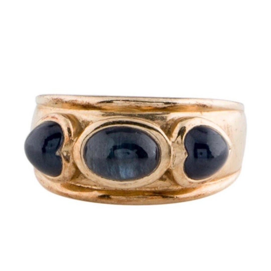 14k Gold Sapphire Cabochon Flush Set Gypsy Three Stone Vintage Ring - Etsy