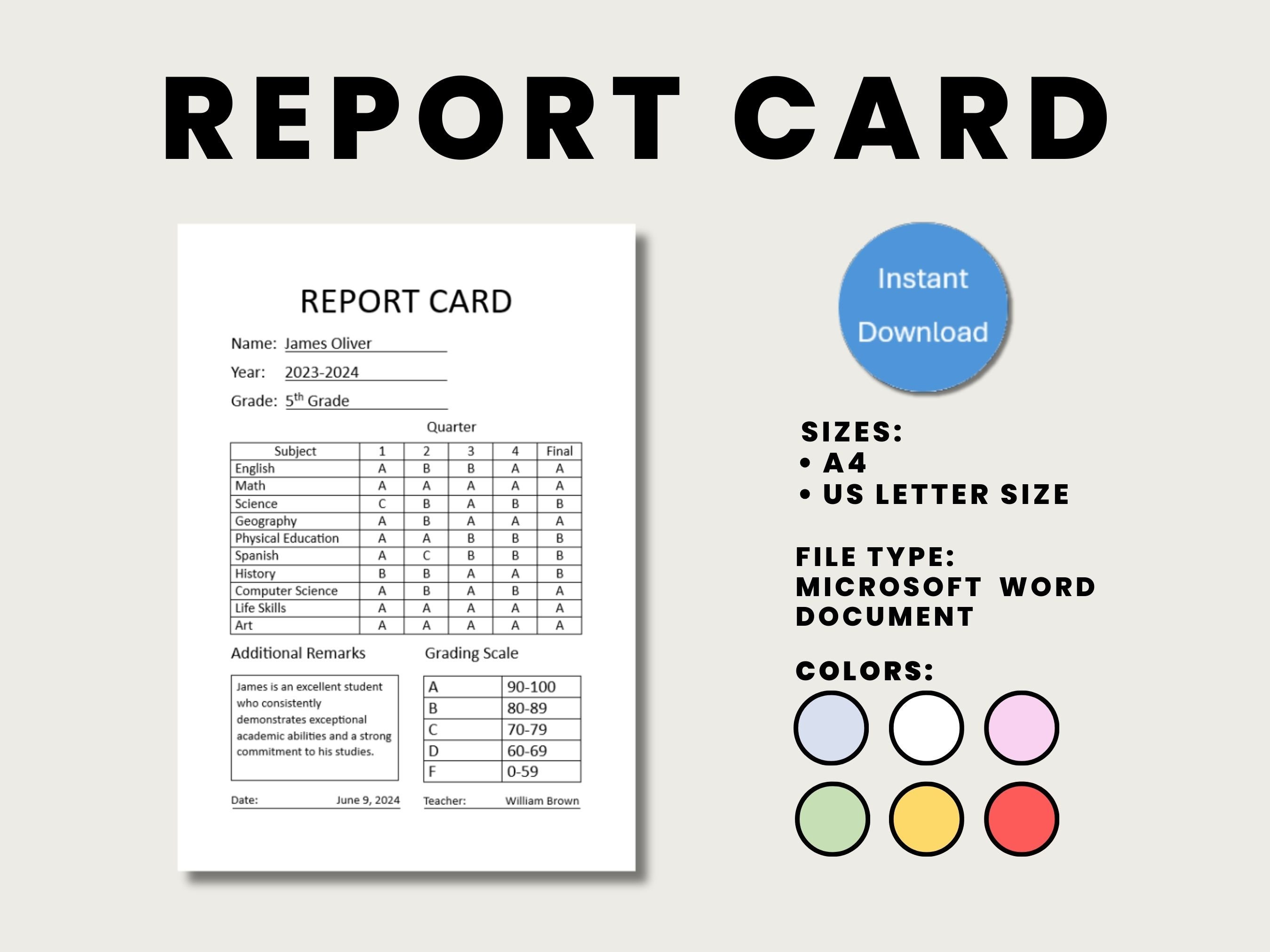 Editable Report Card, Homeschool Report Sheet, A4 and US Letter Size ...