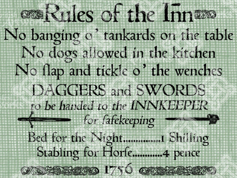 Digital Download Rules of the Inn Sign, 18th Century English Style ...