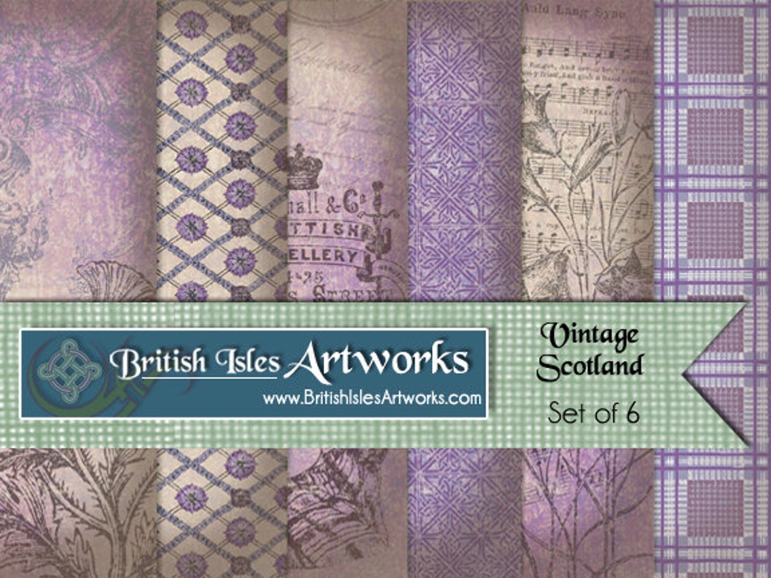 Vintage Scotland Digital Scrapbook Paper Pack, Thistles, Bagpipes ...