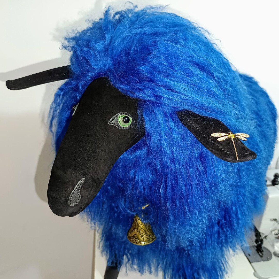 Handmade Ultra Blue Sheep Ottoman: Tibetan Lamb Fur Stool by Dmitry ...