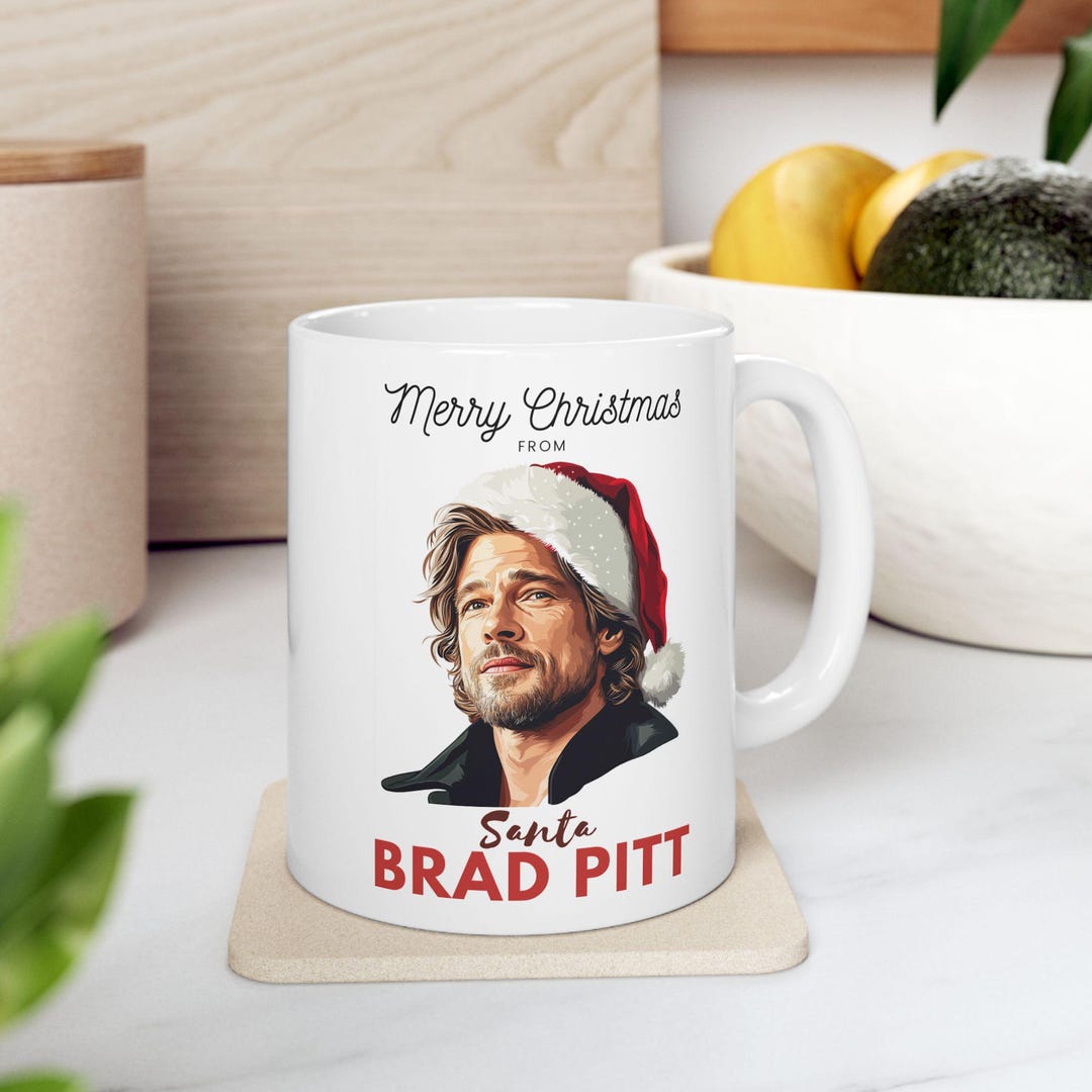Santa Brad Pitt Mug, Brad Pitt Inspired Mug, Santa Claus Mug, Christmas ...