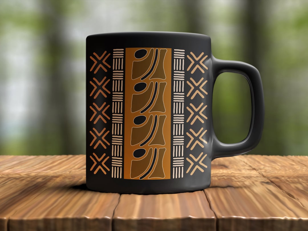 African Tribal Bogolan Mug Stylish Black Ceramic Coffee Cup Ethnic Mud ...