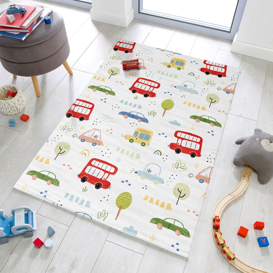 Funny Cartoon Cars Themed Child's Area Rug, Baby Boy Nursery Soft Thick ...
