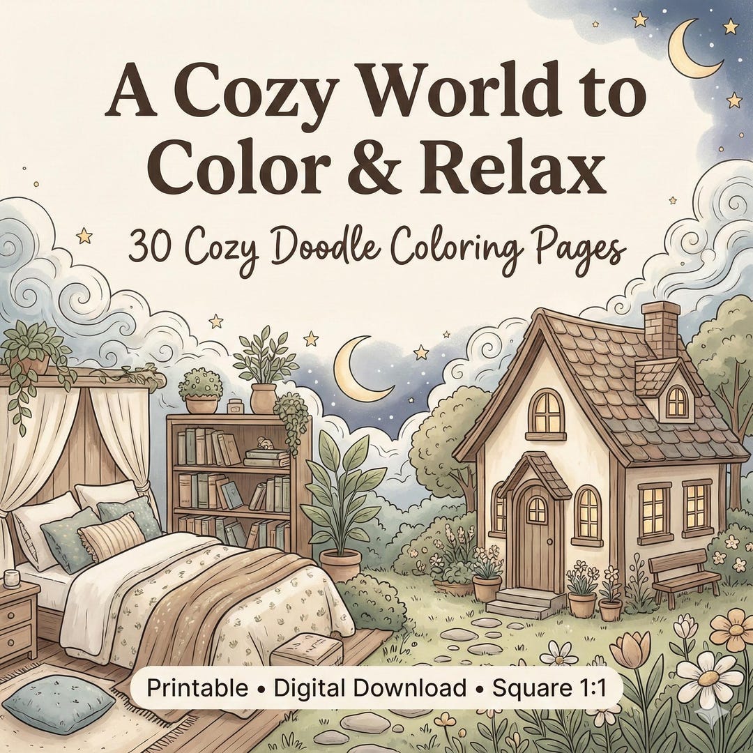 30 Pages Cozy Doodle Coloring Book | Stress Relief Coloring | Whimsical ...