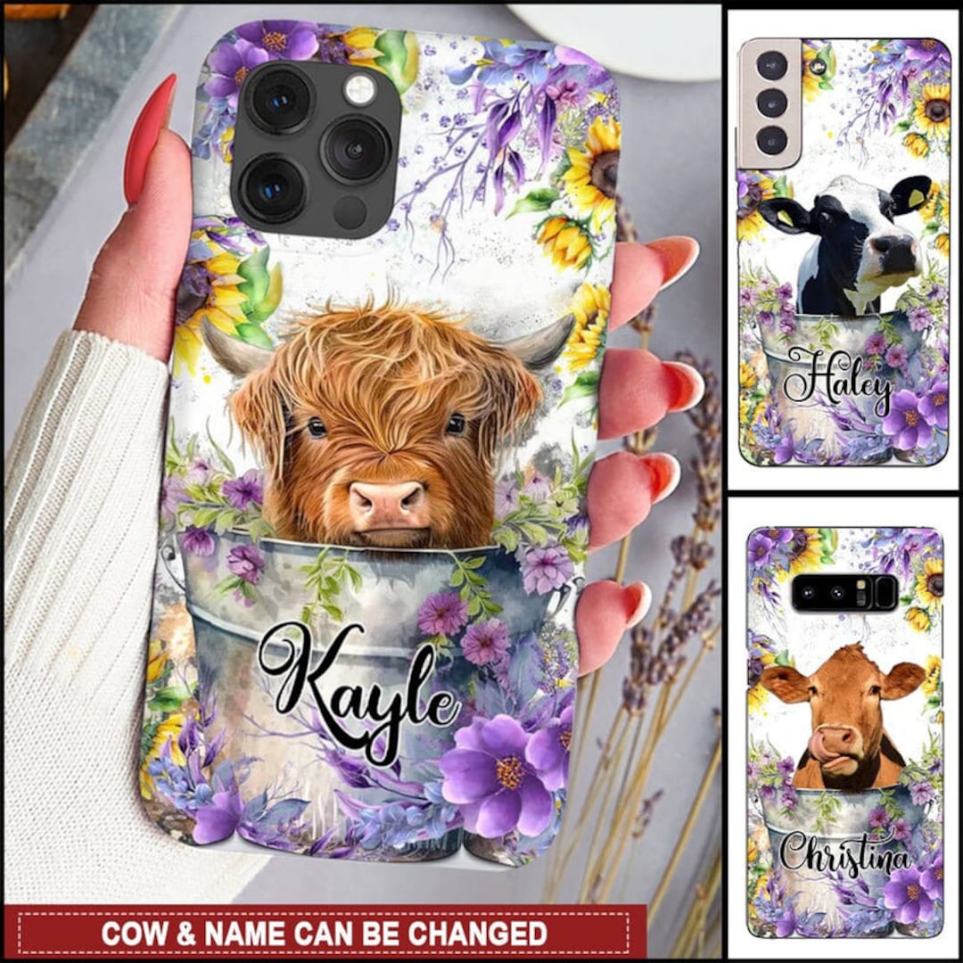 Flower Baby Highland Cow in Bucket Personalized Phone Case, Love Cow ...