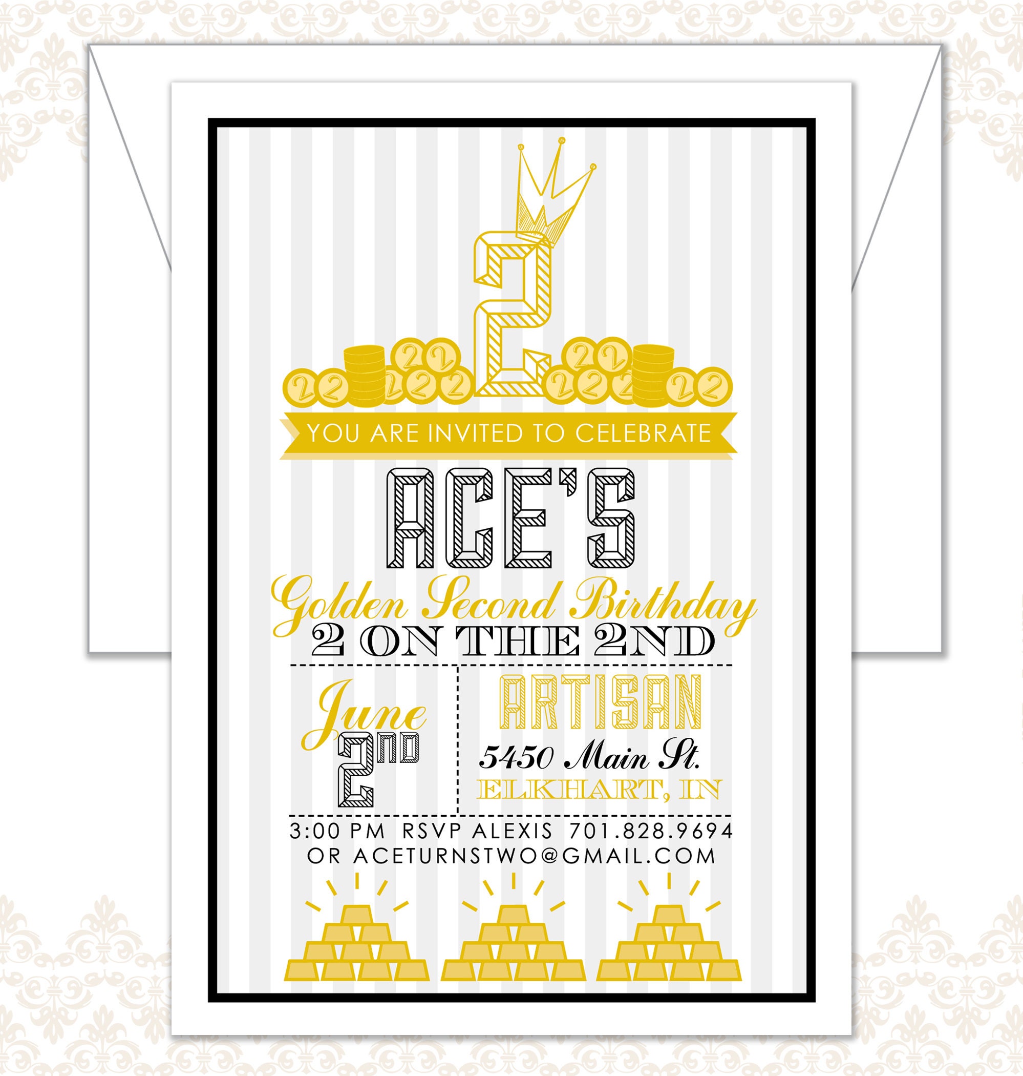 Golden Birthday Party Invitation, 2nd Birthday, Golden Birthday, Golden ...