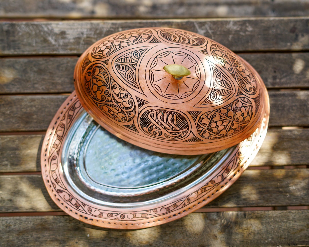 Hand Embroidered Pure Copper Serving Plate, Handmade Copper Serving Pot ...