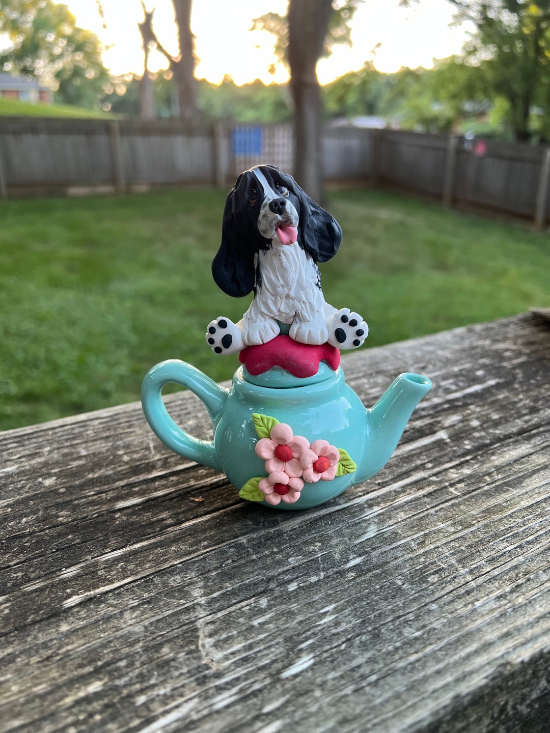 English Springer Sitting on a Teapot Hand Sculpted Polymer Clay, Tiered ...