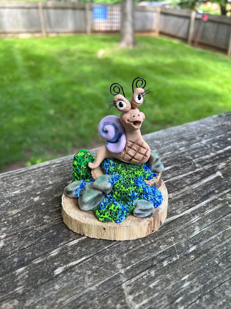 Snail Hand Sculpted Polymer Clay Sculpture Tiered Tray Summer Garden ...