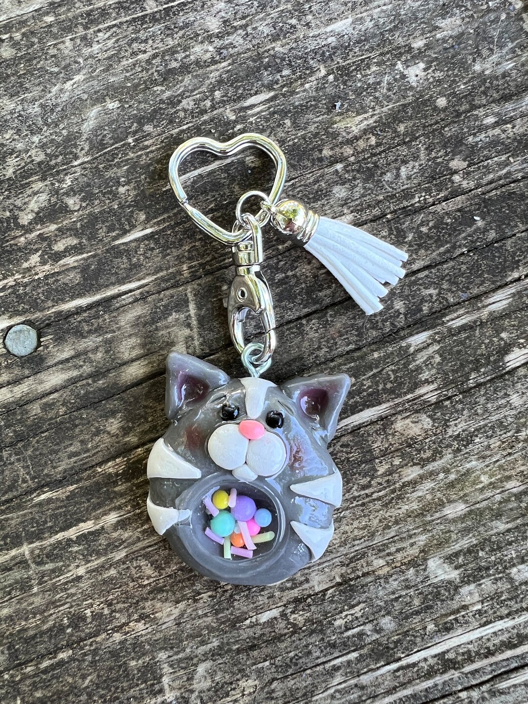 Grey Kitty Cat Polymer Clay Hand Sculpted Shaker Keychain, Cat Keyring ...