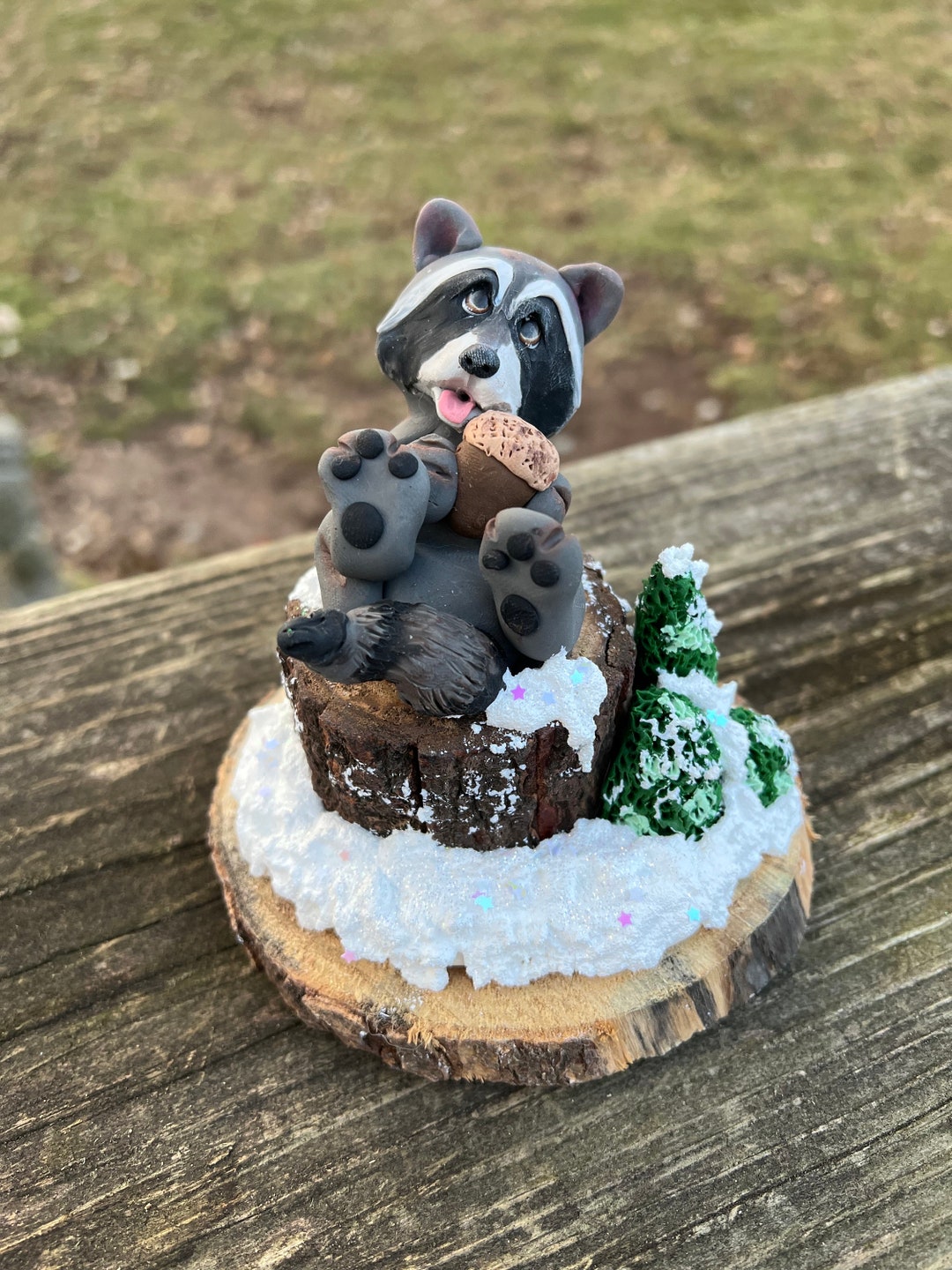 Winter Raccoon in Stump Hand Sculpted Polymer Clay Raccoon Collector ...