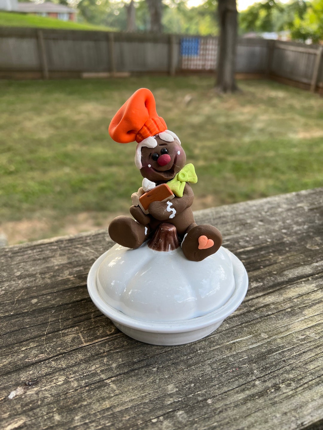 Hand Sculpted Polymer Clay Gingerbread on Pumpkin Pie Ceramic Trinket ...