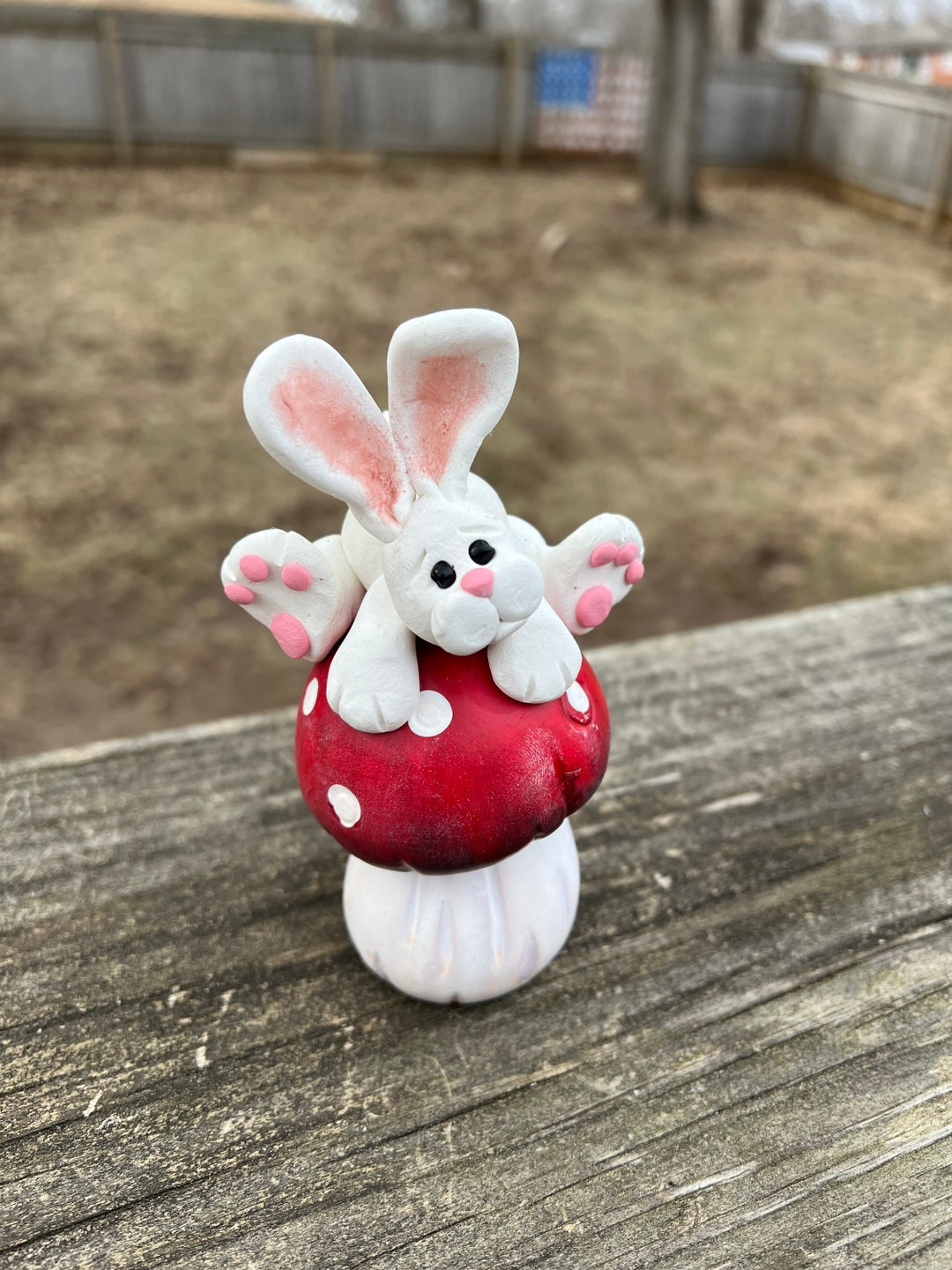 Bunny Rabbit Hand Sculpted Polymer Clay Fairy Garden Mushroom Bunny ...