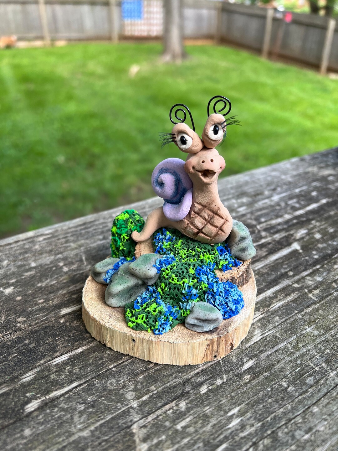 Snail Hand Sculpted Polymer Clay Sculpture Tiered Tray Summer Garden ...