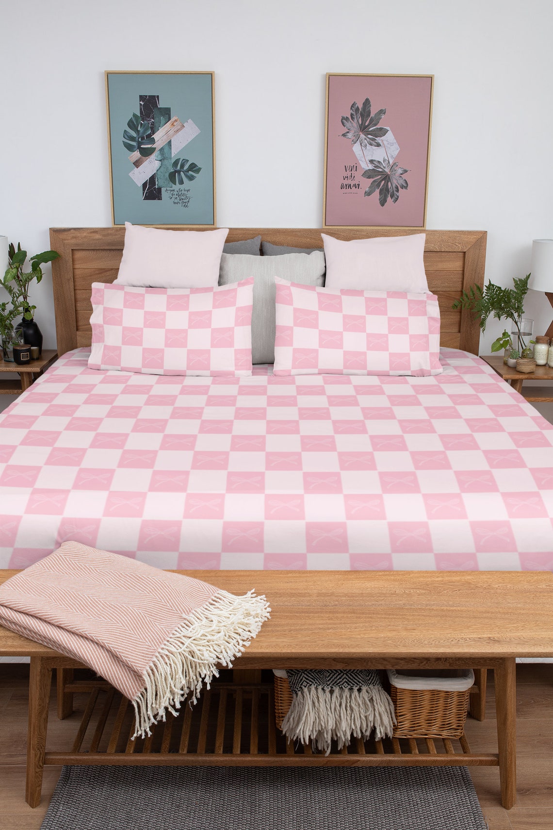 Checkered Bow Coquette Duvet Cover, Pink Coquette Bedding Preppy ...