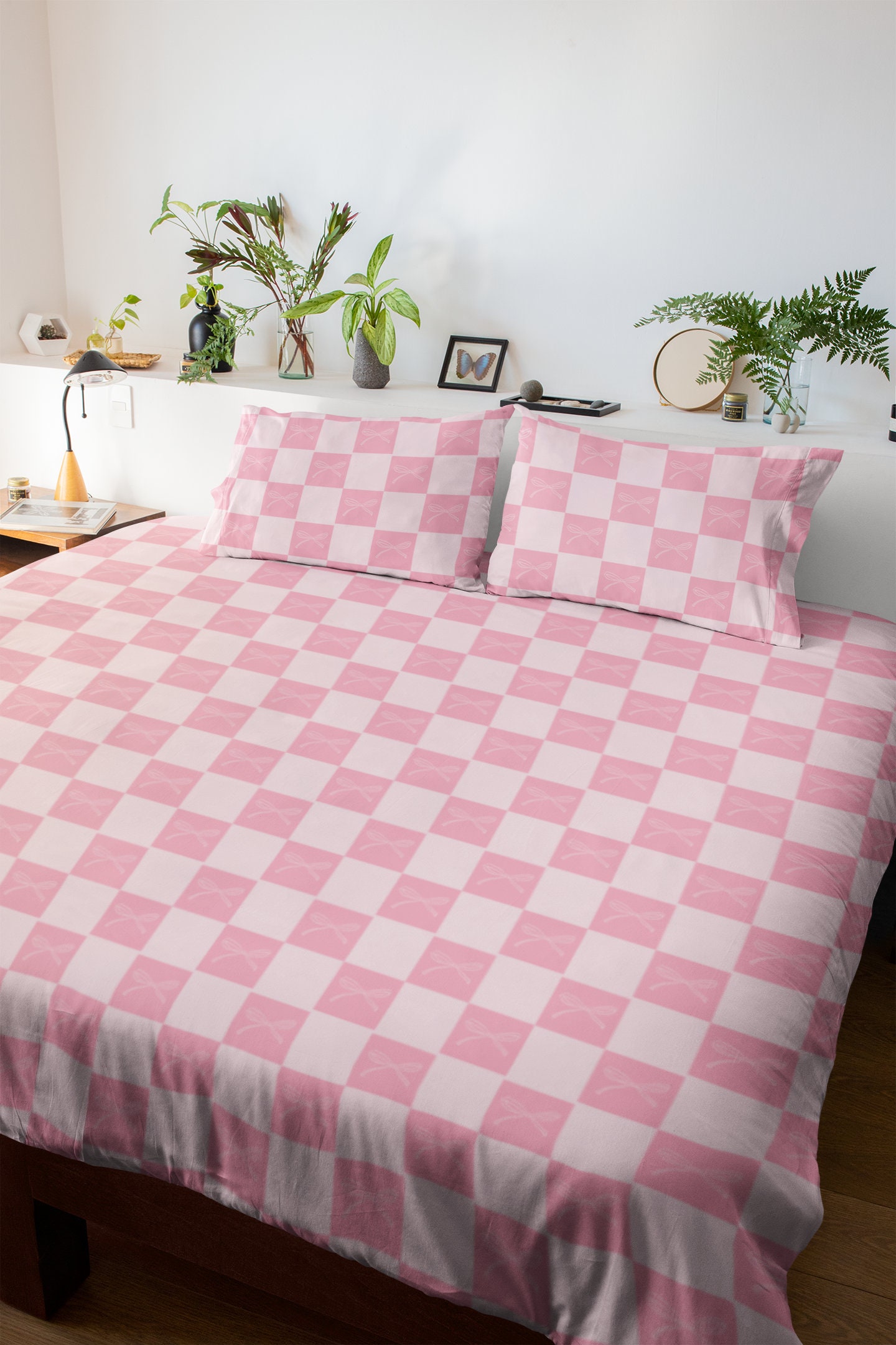 Checkered Bow Coquette Duvet Cover, Pink Coquette Bedding Preppy ...