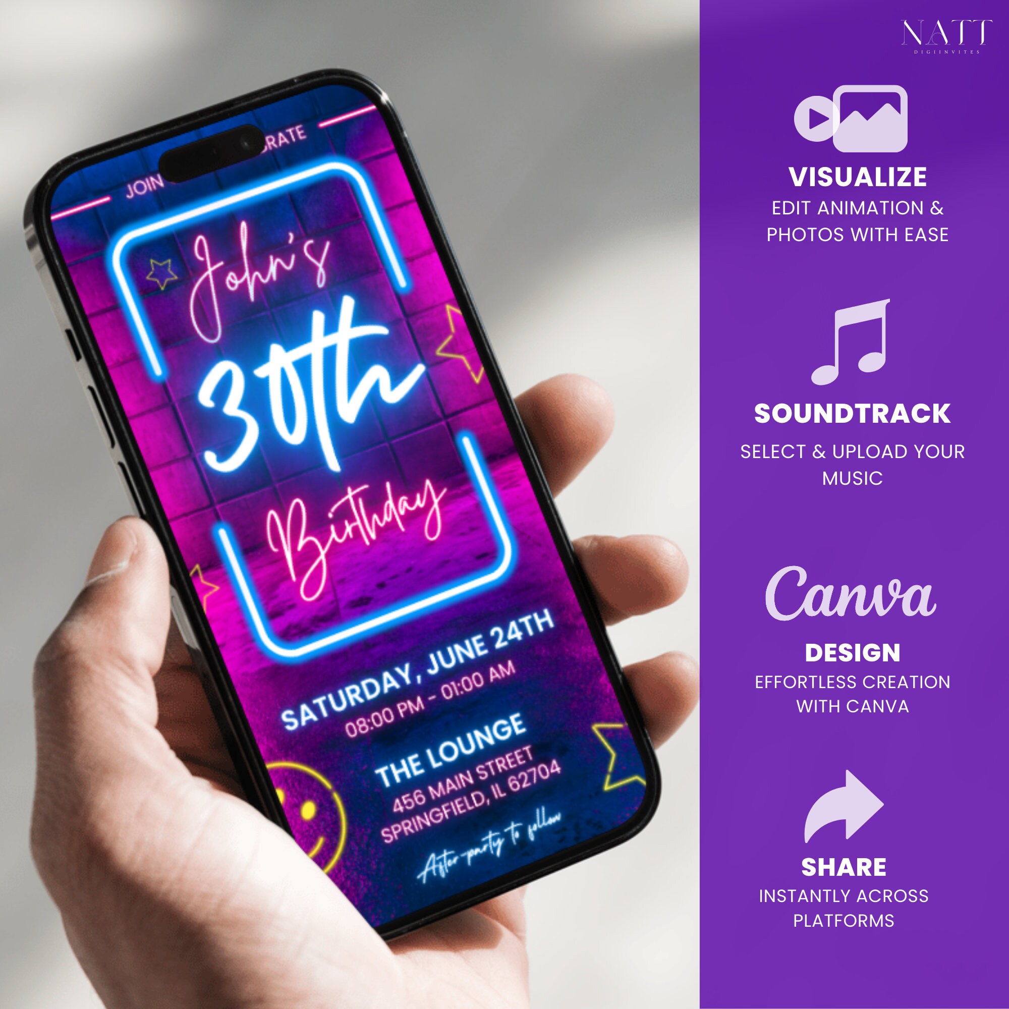 Digital Neon 30th Birthday Invitation Template, Animated Canva Invite ...