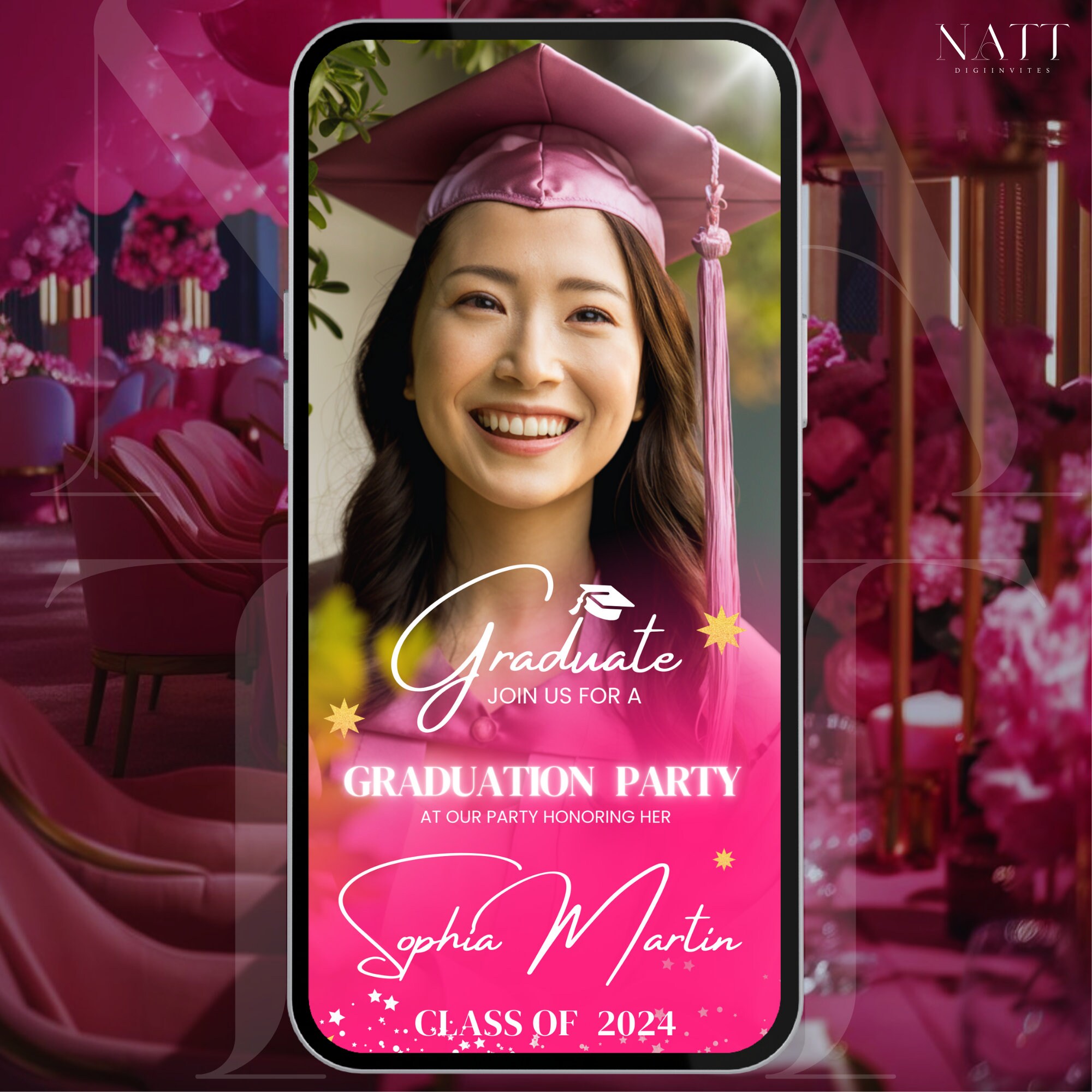 Pink Graduation Party Invitation, Digital Grad Party Invite, Canva ...