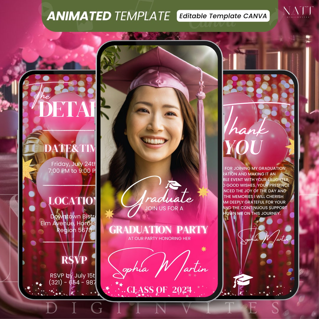 Pink Graduation Party Invitation, Digital Grad Party Invite, Canva ...