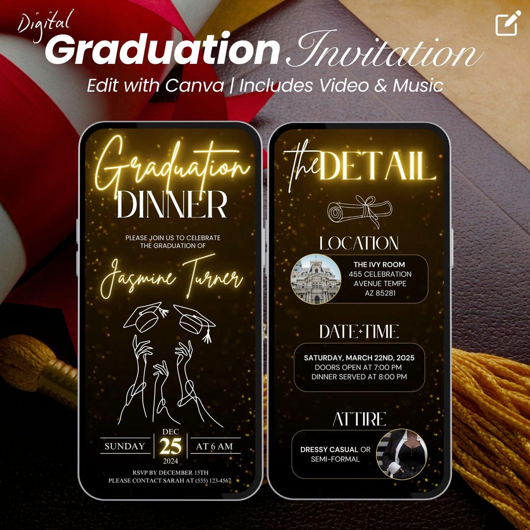 Digital Graduation Dinner Invitation Class of 2025 | Black Gold ...