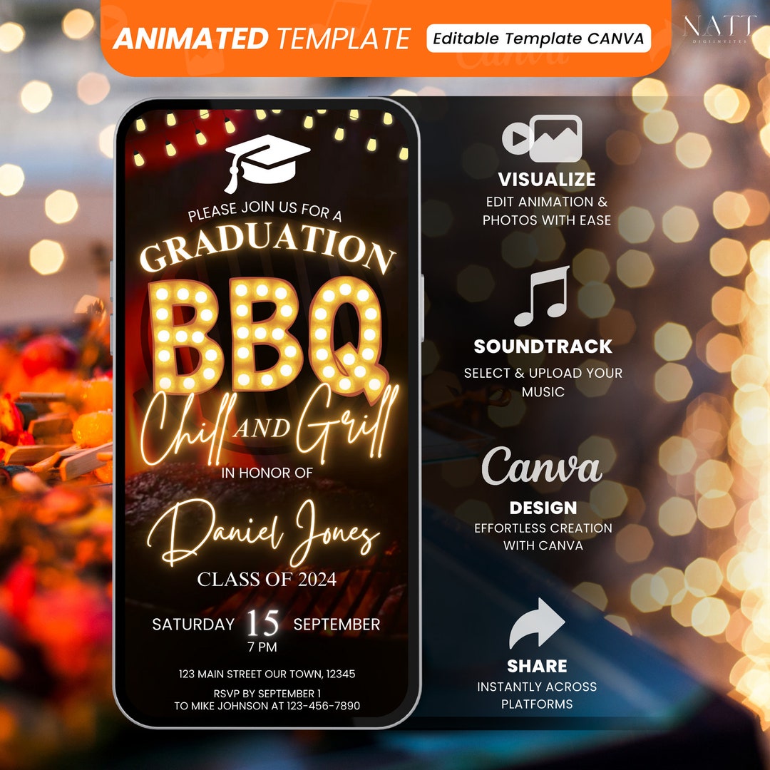 Digital Graduation BBQ Invitation, Animated Canva Template, Digital ...