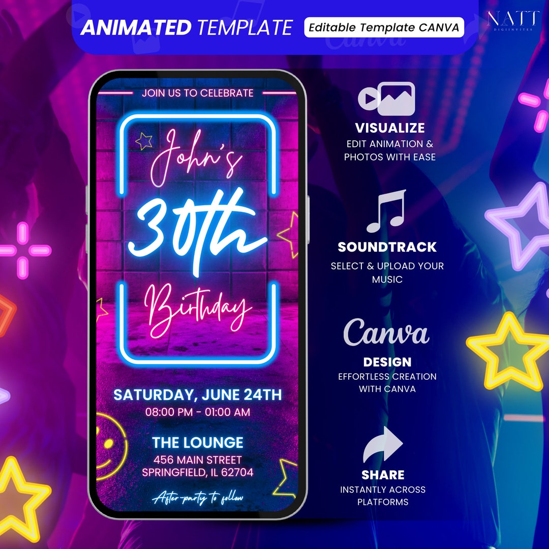 Digital Neon 30th Birthday Invitation Template, Animated Canva Invite ...