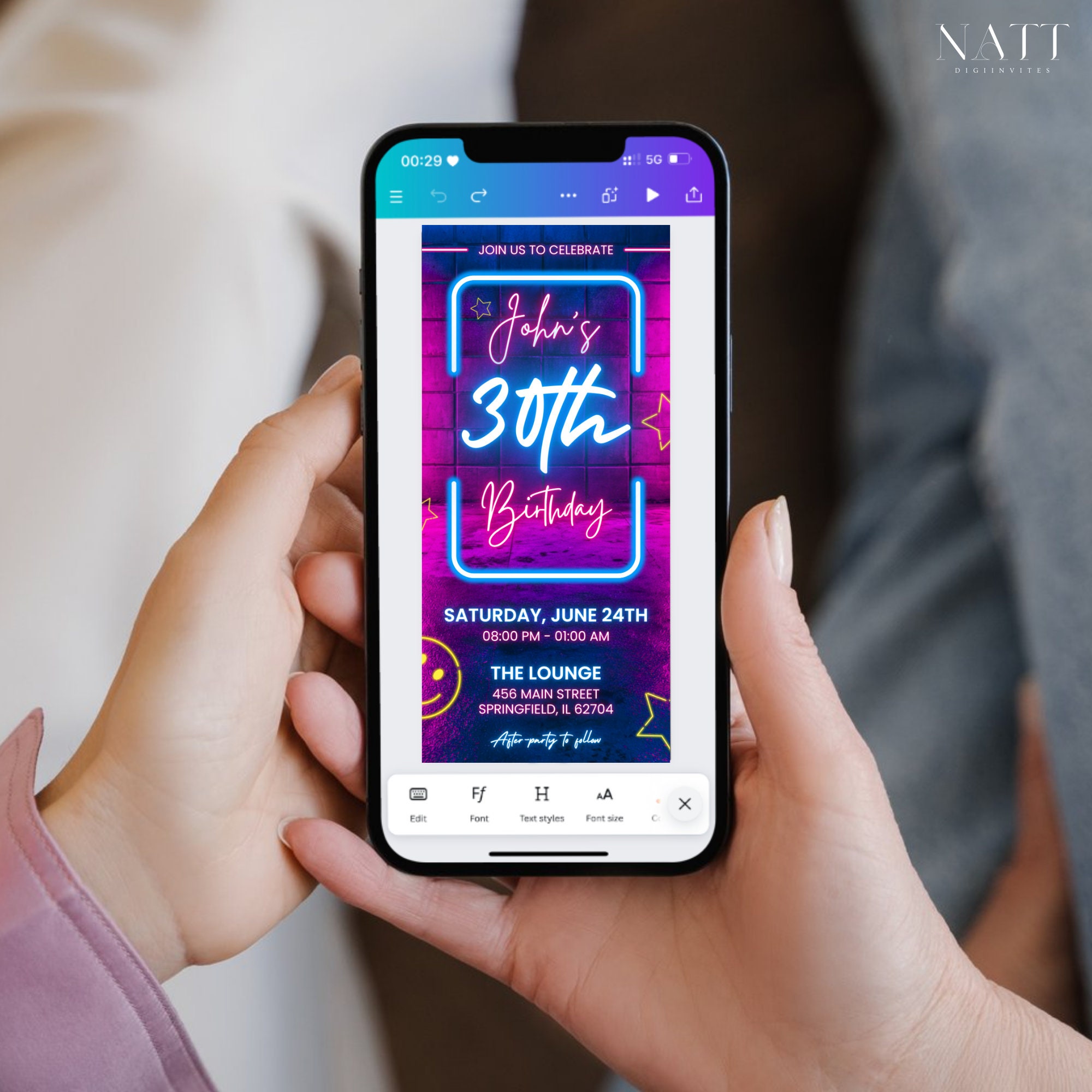 Digital Neon 30th Birthday Invitation Template, Animated Canva Invite ...