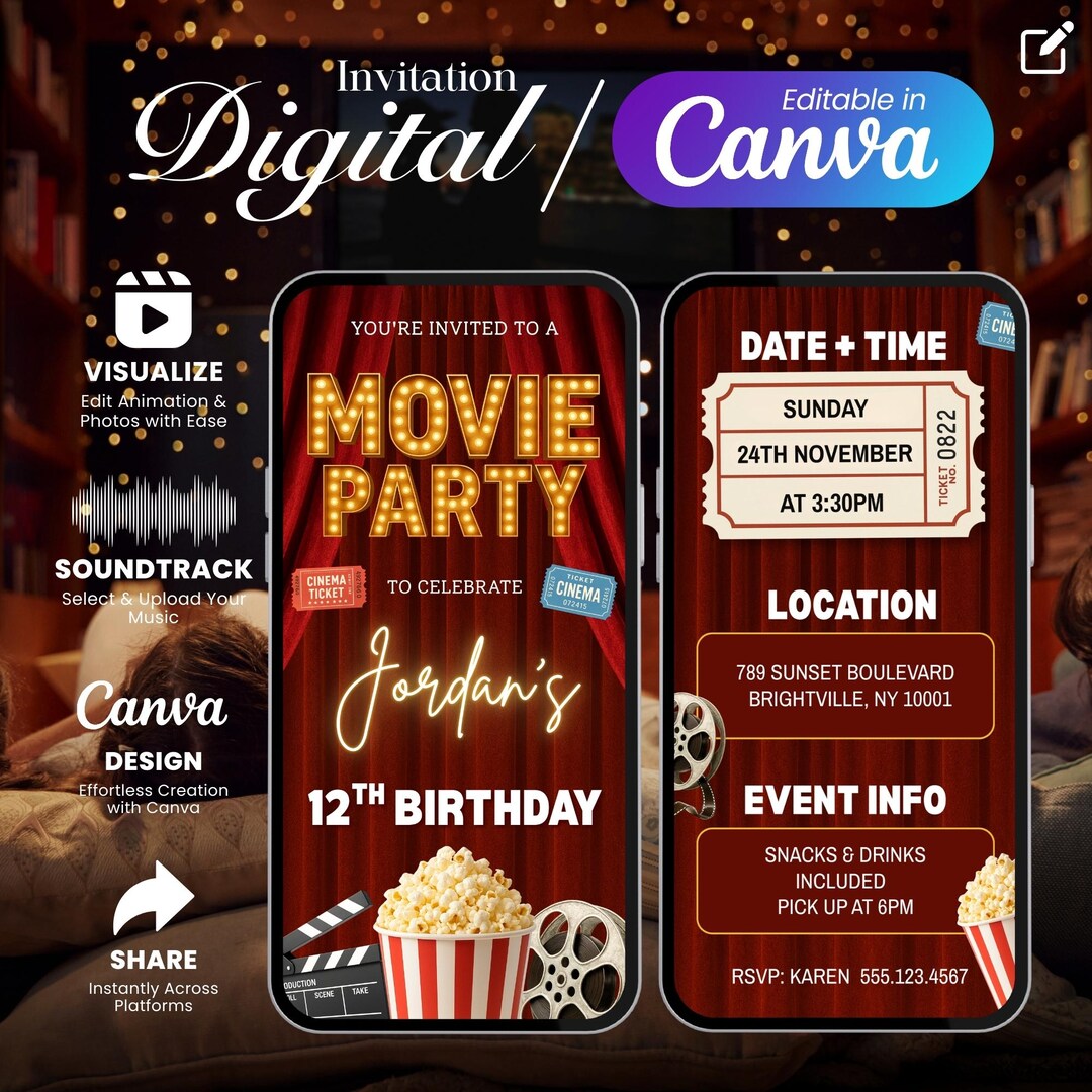 Digital Movie Birthday Invitation for Kids | Animated Cinema Party ...