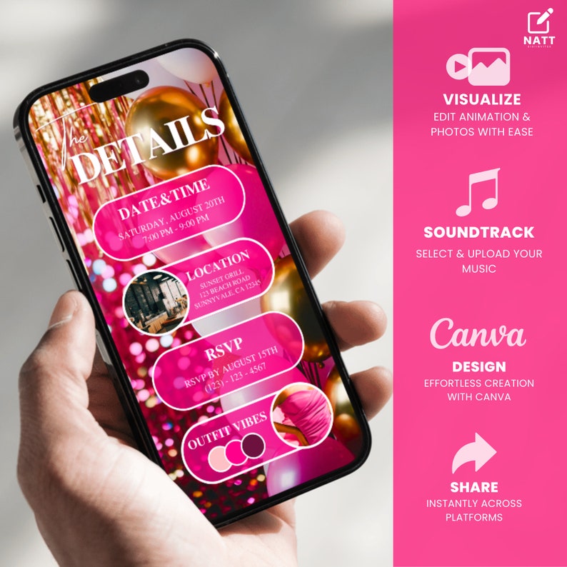 Digital Hot Pink Birthday Party Invitation, Animated Canva Template ...