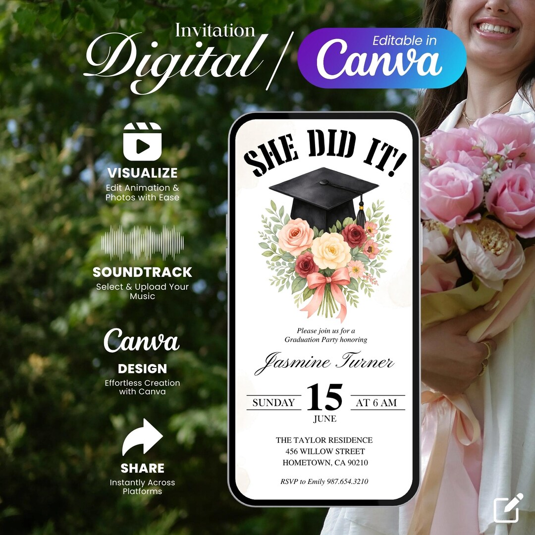 Editable Graduation Party Invitation for Her - “she Did It” Digital ...