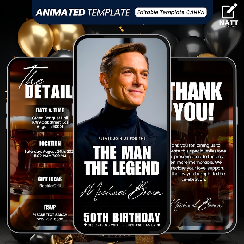 Men's Birthday Invitation Digital, Editable Animated Template, Guy ...