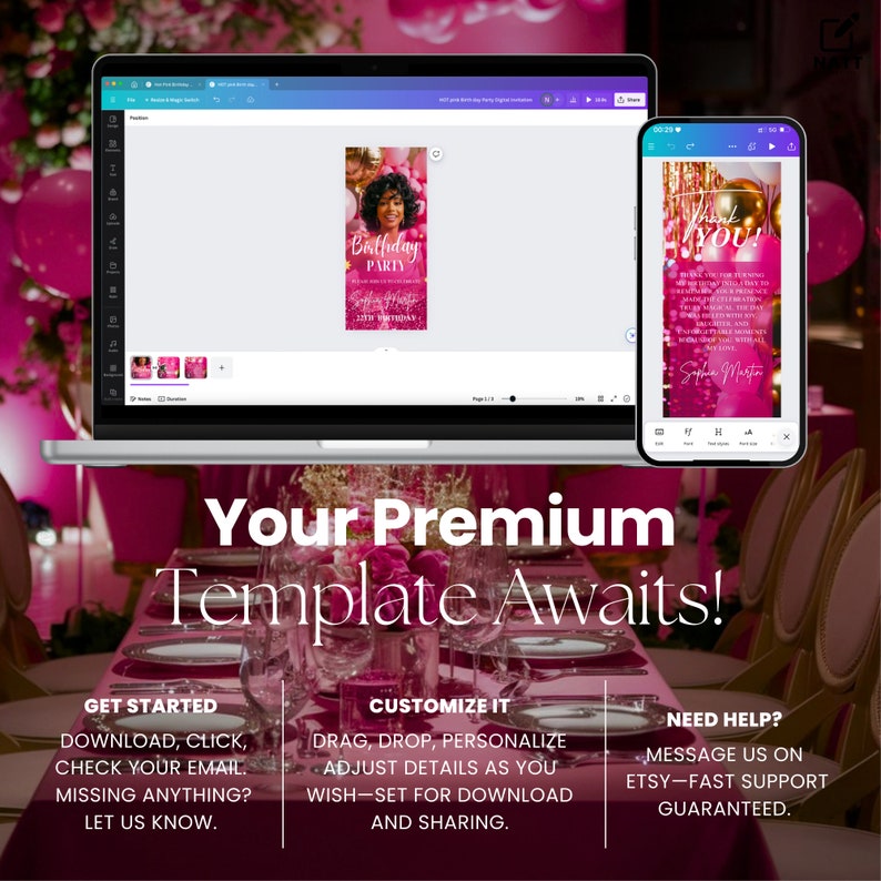 Digital Hot Pink Birthday Party Invitation, Animated Canva Template ...