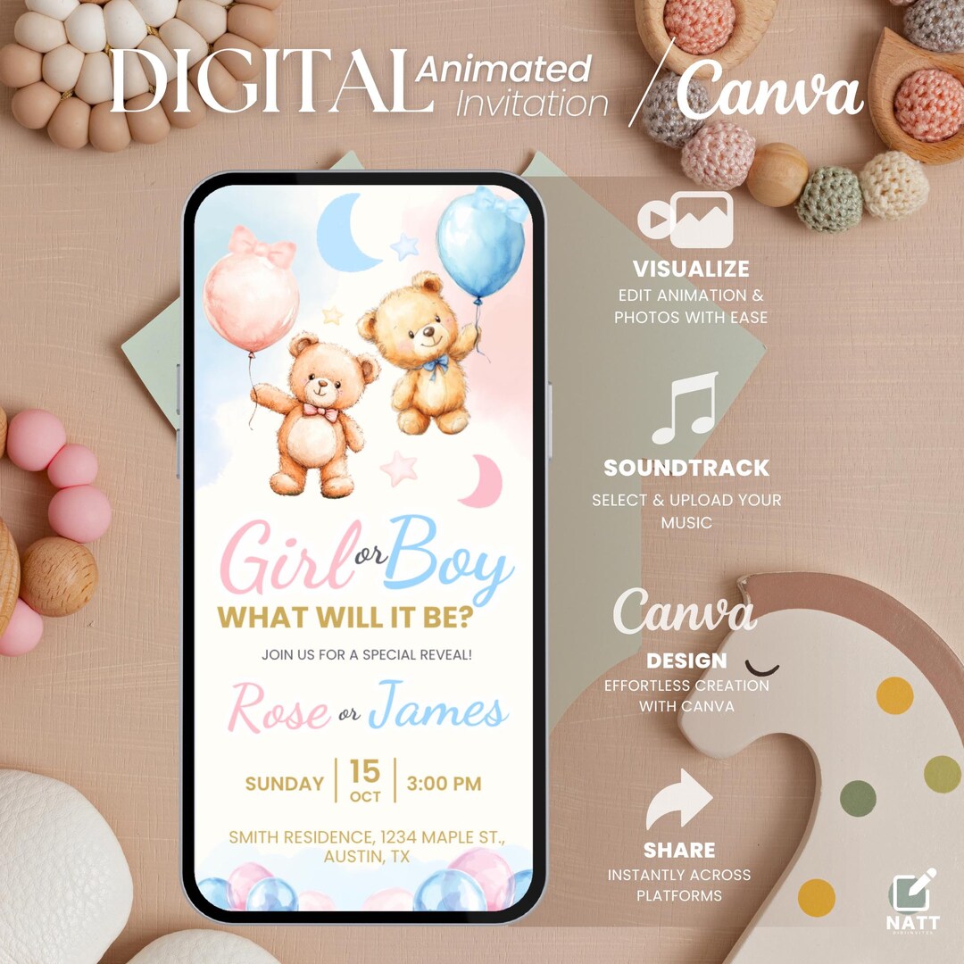 Animated Gender Reveal Invitation Editable Balloon Reveal Evite Digital ...
