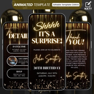 Animated Surprise Birthday Invitation, Editable Canva Template, Shhh ...