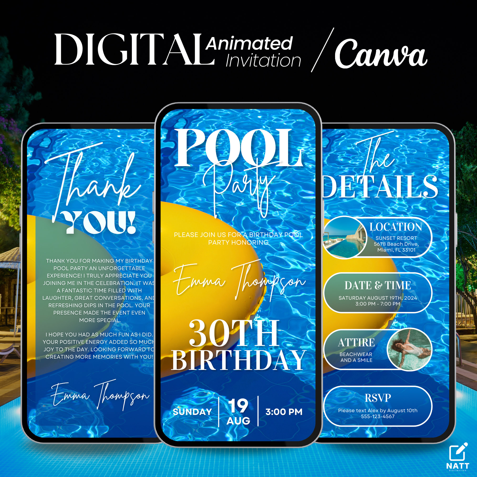 Animated Pool Party Birthday Invitation Digital Canva Template ...